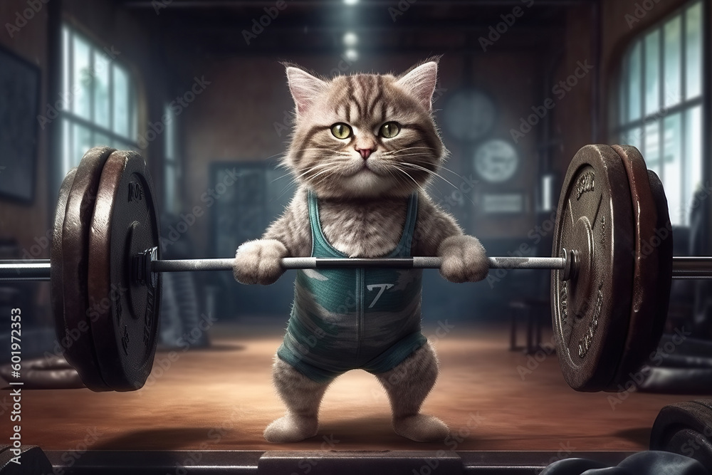 funny cat athlete lifts a barbell in gym during sports training ...