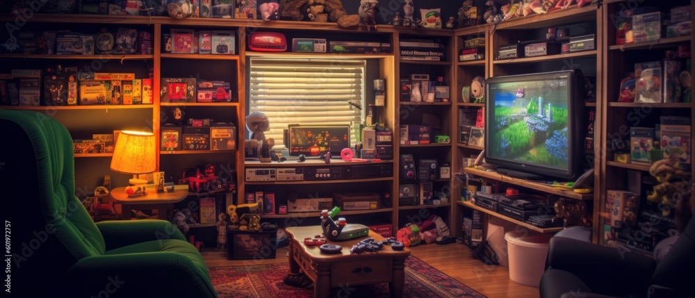 Retro game room, room for playing classic video games, 80s and 90s ...