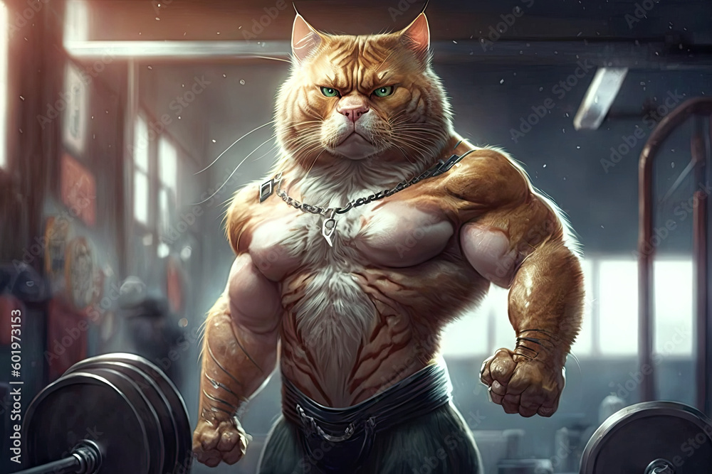 muscular cat athlete bodybuilder trains in gym. Generative AI illustration Stock Illustration ...