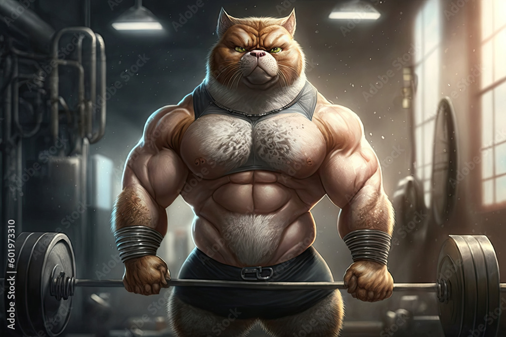 muscular cat athlete bodybuilder trains with barbell in gym. Generative ...