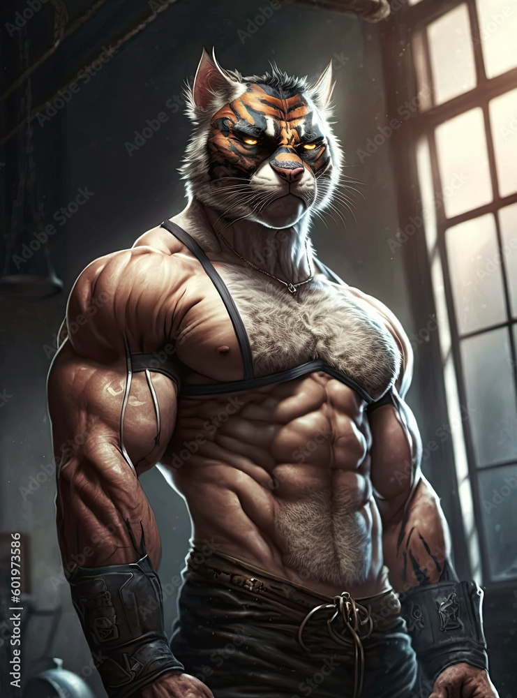 muscular tiger athlete bodybuilder trains in gym. Generative AI ...