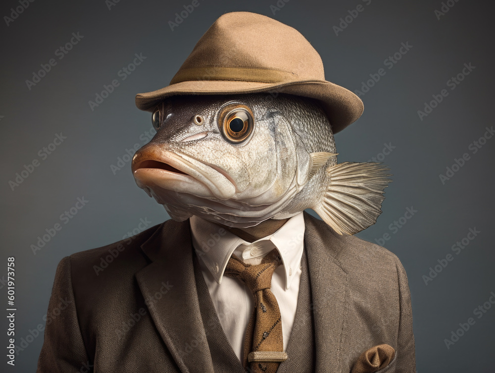 anthropomorphic portrait of fish in gray suit A fish with wide open ...