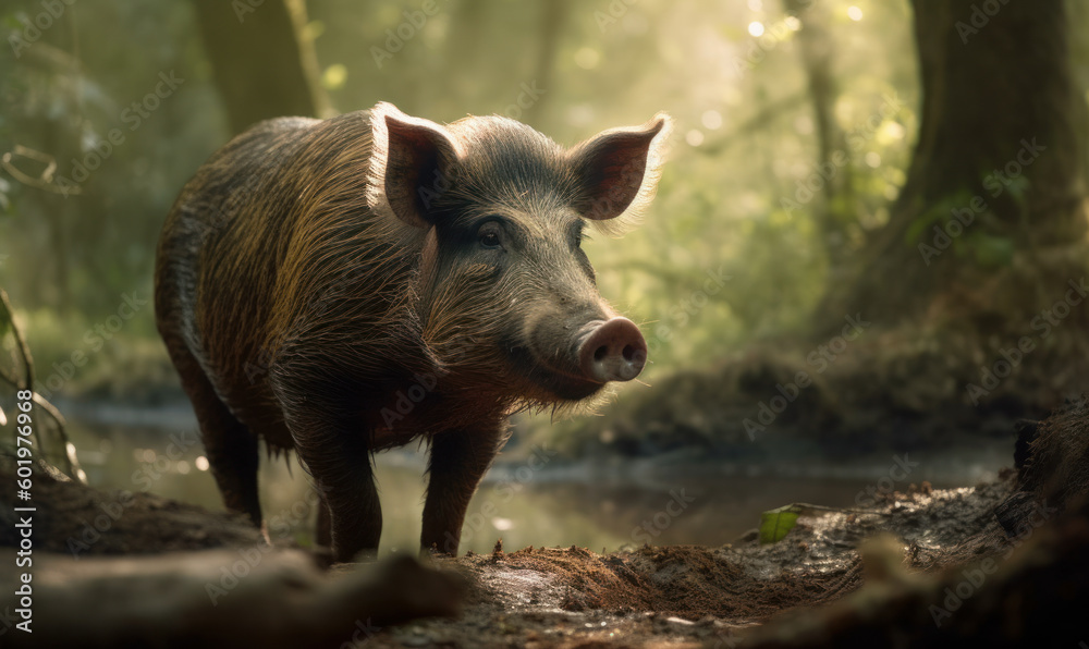sunrise photo of hog in its natural habitat with forest background ...