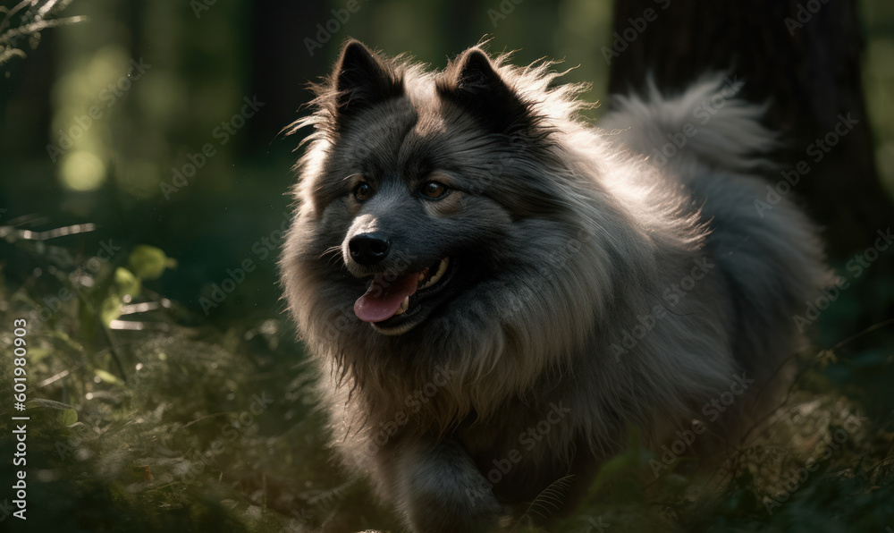 ภาพประกอบสต็อก Photo of keeshond, captured in the midst of a lively ...