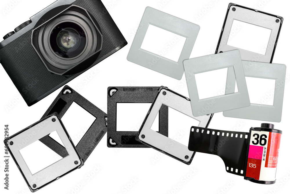 appareil photo, caches diapositives et pellicule 24x36, PNG sur fond ...