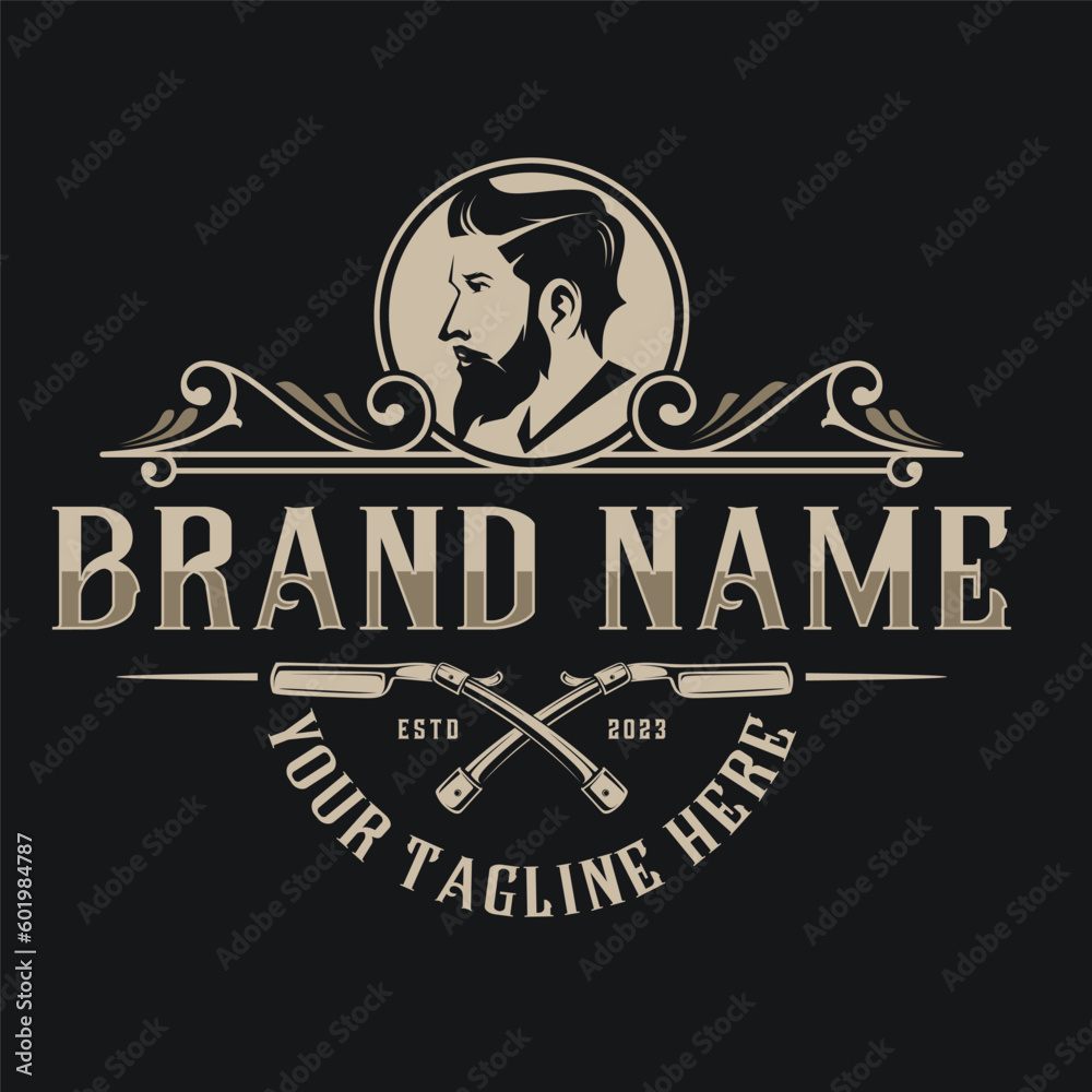 barber logo design. with illustrations of razors and silhouettes of ...