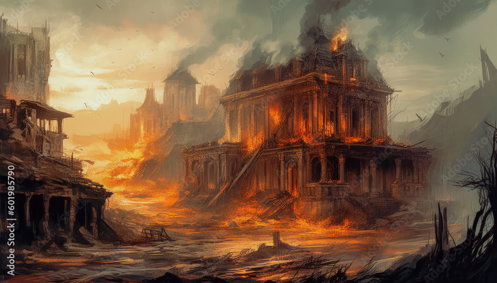 Burned buildings in a ruined city ruins due to war and terror of the ...