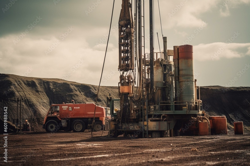 Drilling rig on location. Deep hole drilling for geological exploration ...