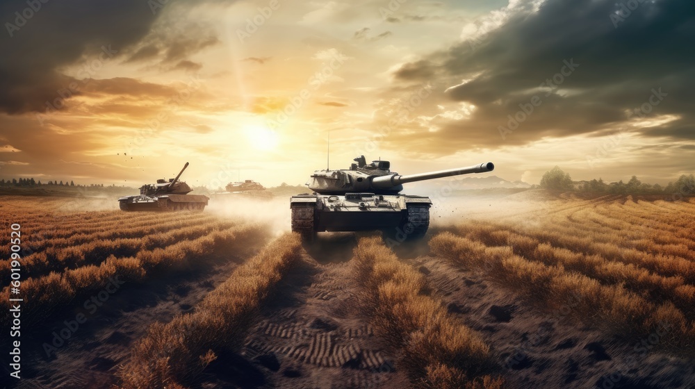 tanks crosses ukrainian field during war invasion, AI Generated ...