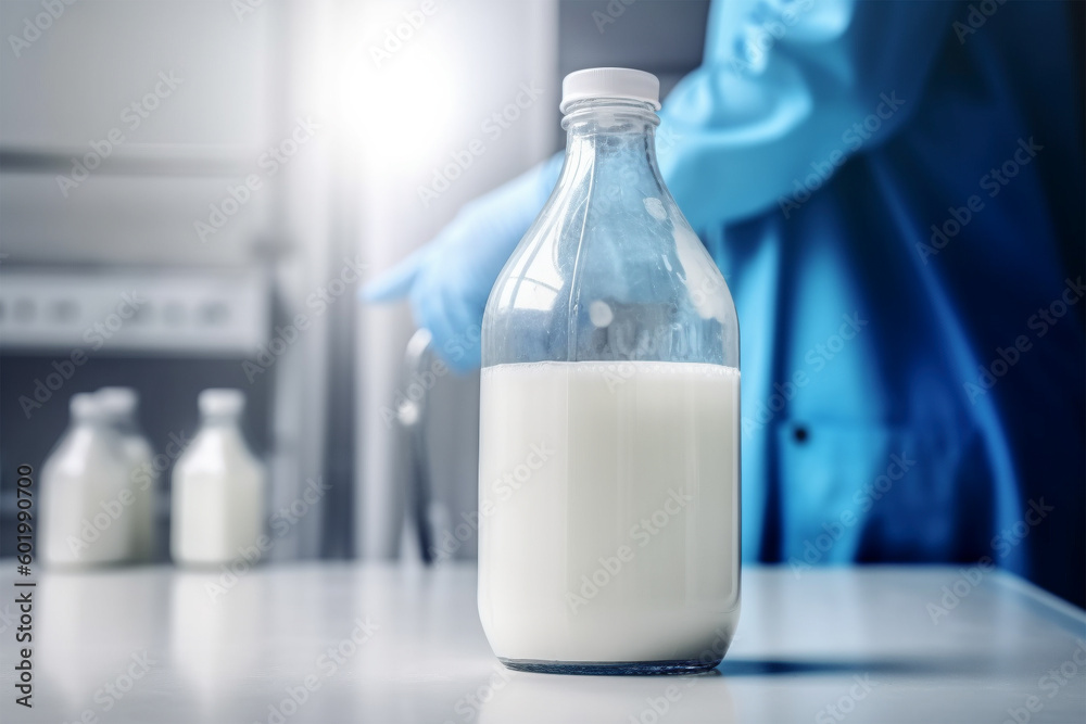 Milk glass bottle in laboratory. Concept for lab grown milk from ...