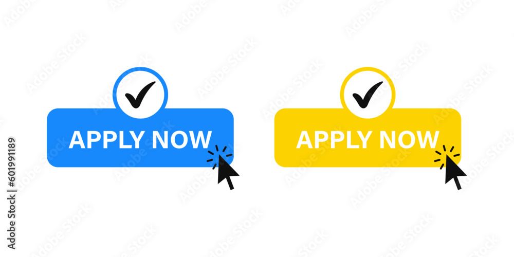 Apply now icon submit button banner. Check box mark icon with correct ...