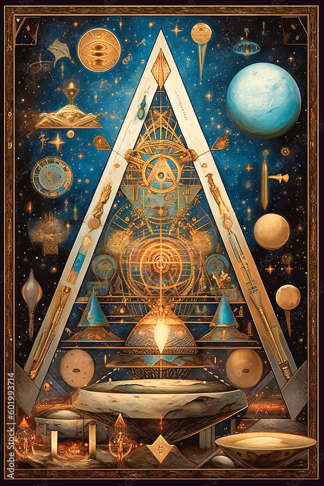 Book cover, background or illustration of a stylized pyramid surrounded by astrology, cabal or ...