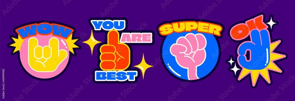 Cartoon hand drawn abstract comic. Set of multicolored hand signs and ...