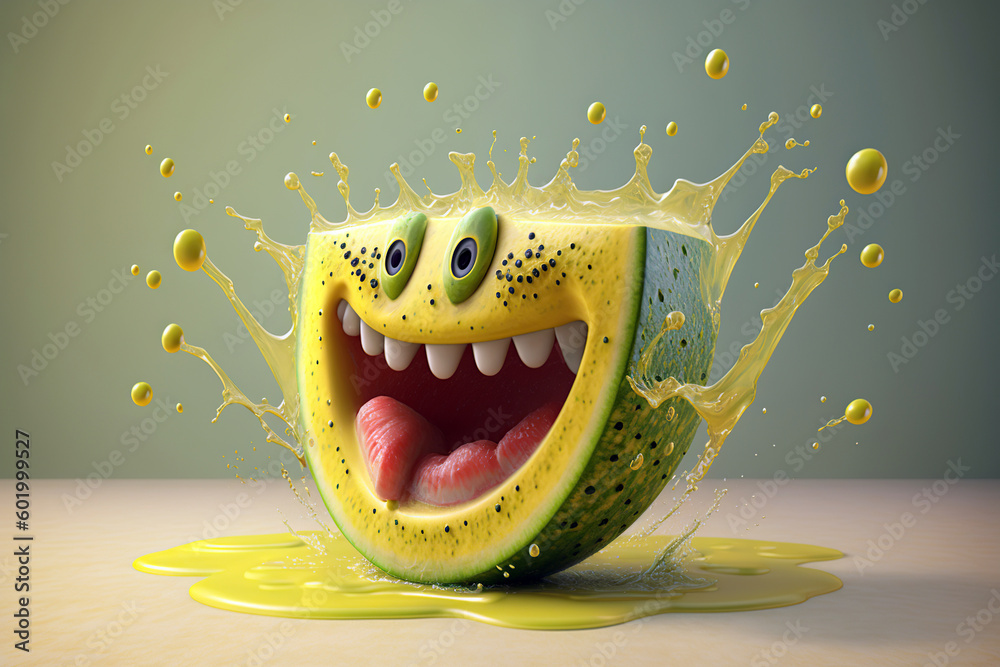 Cartoon smiling, crazy watermelon with splash liquid juice on yellow ...