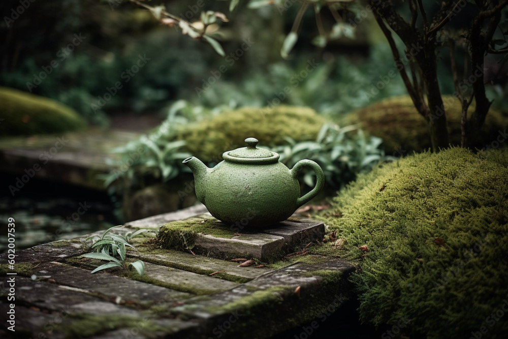 traditional japanese green teapot on a a mossy stone plate in a zen ...
