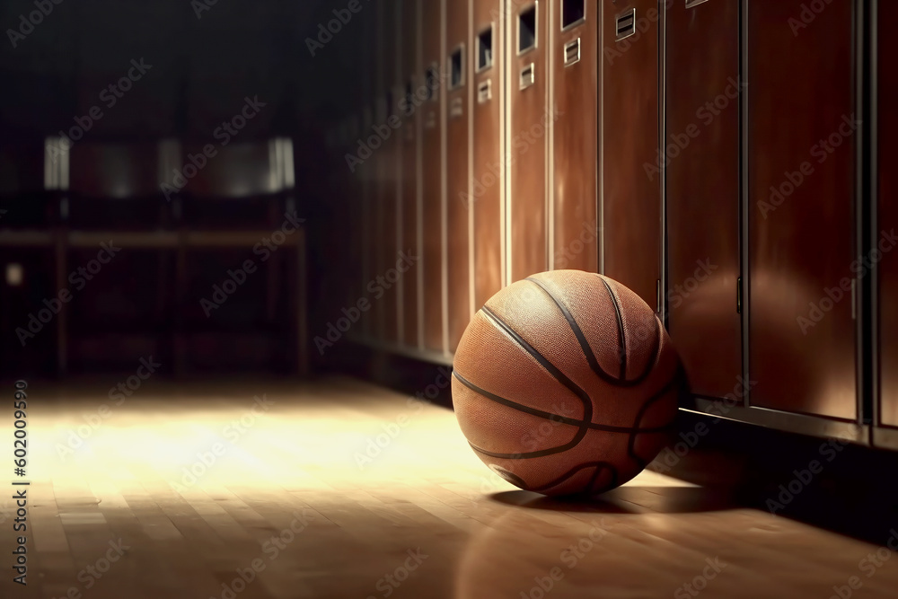 basketball is in the locker room of the gym next to lockers for the ...