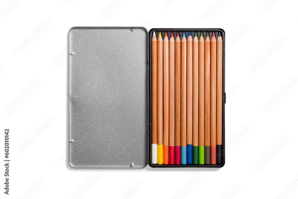 Set of colored pencils for artists in a metal box isolated on a ...