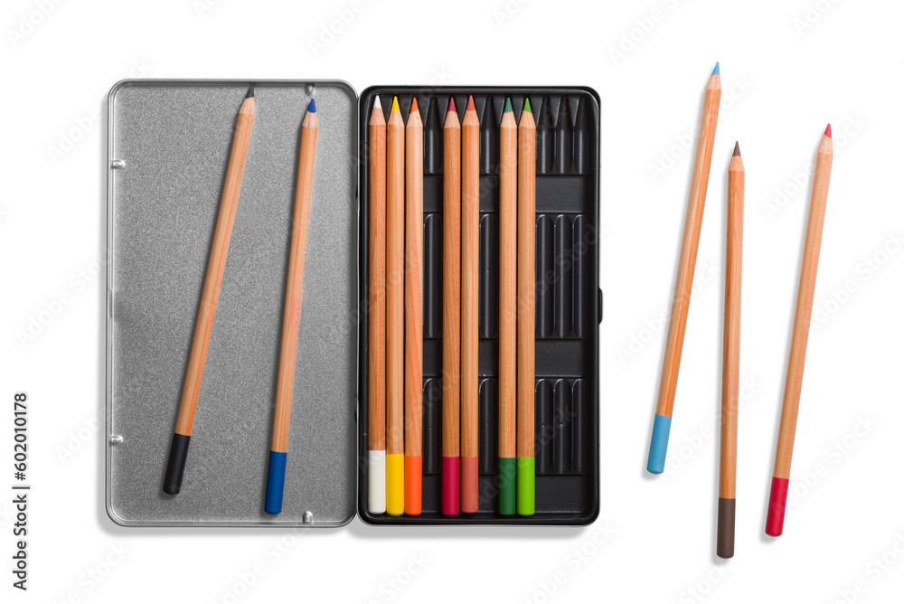Set of colored pencils for artists in a metal box isolated on a ...