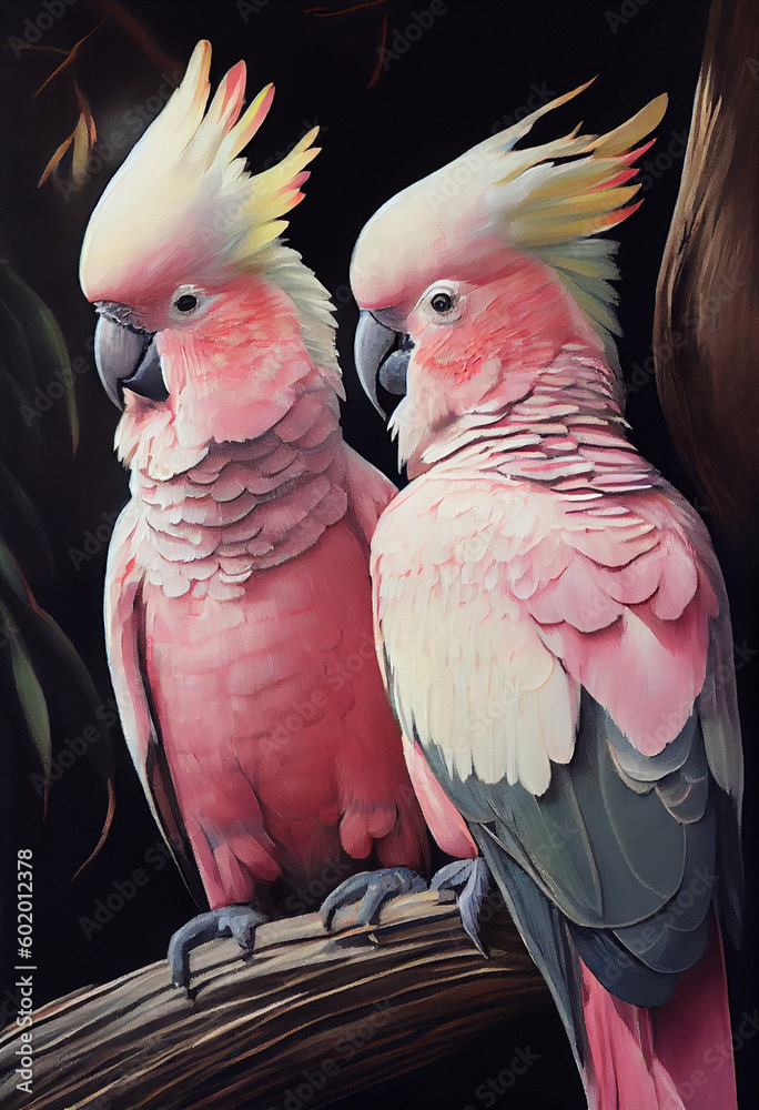 Two pink galah cockatoo birds, sitting on a branch, AI Generated Stock ...