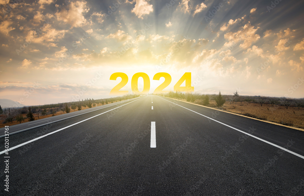 Start the year 2024. Happy New Year greeting card. Year 2024 lettering ...