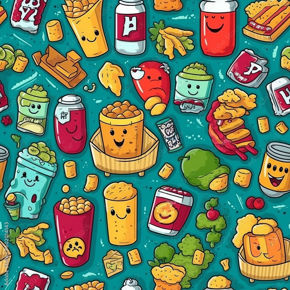 Generative AI Seamless pattern with cute cartoon Snack And Cake Junk ...
