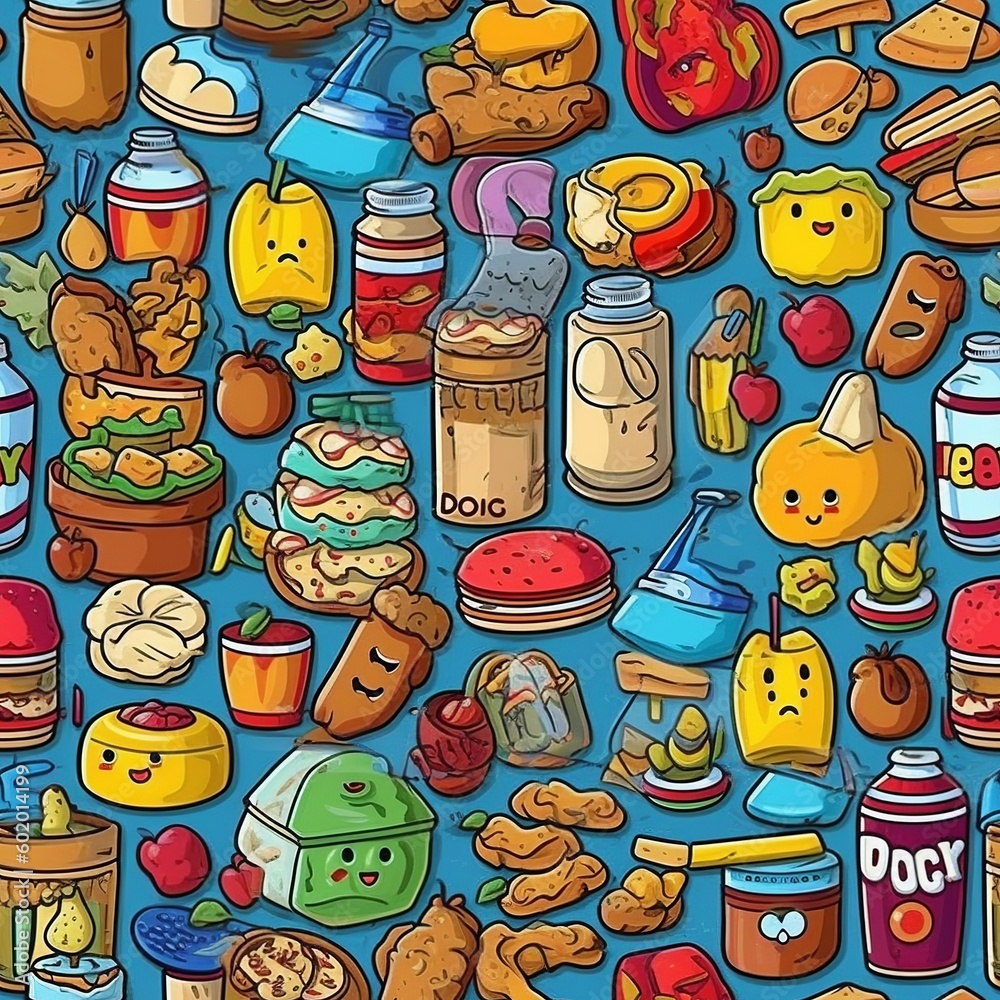 Generative AI Seamless pattern with cute cartoon Snack And Cake Junk ...