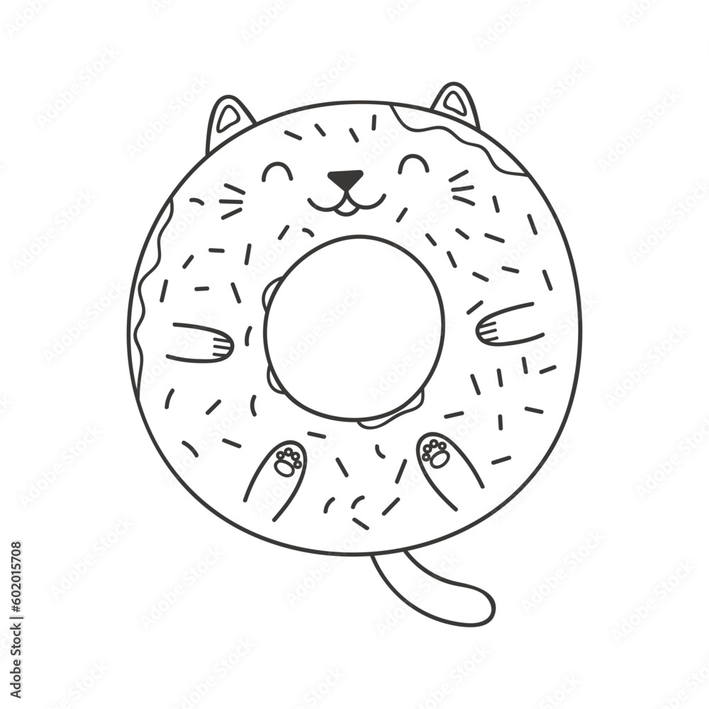 Cute donut with kawaii cat face cartoon character illustration. Hand ...