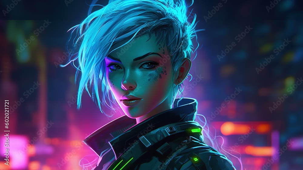 A cyberpunk elf with neon hair and glowing eyes. Fantasy concept , Illustration painting ...