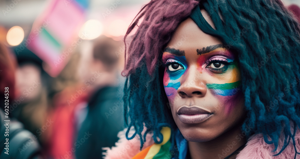 Trans activist, donning with vibrant clothing and a rainbow flag ...