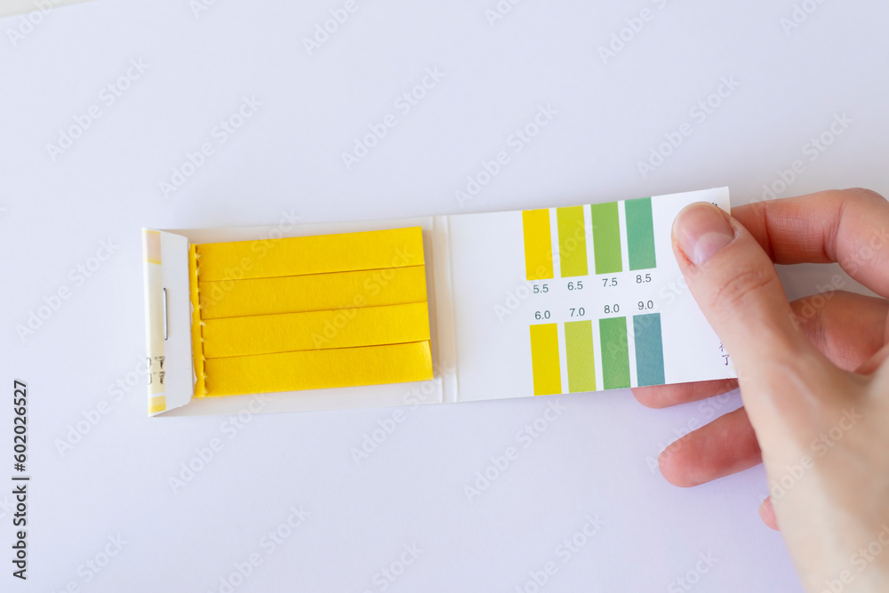 Test strips to measure Ph on a white background in a woman's hand Stock ...