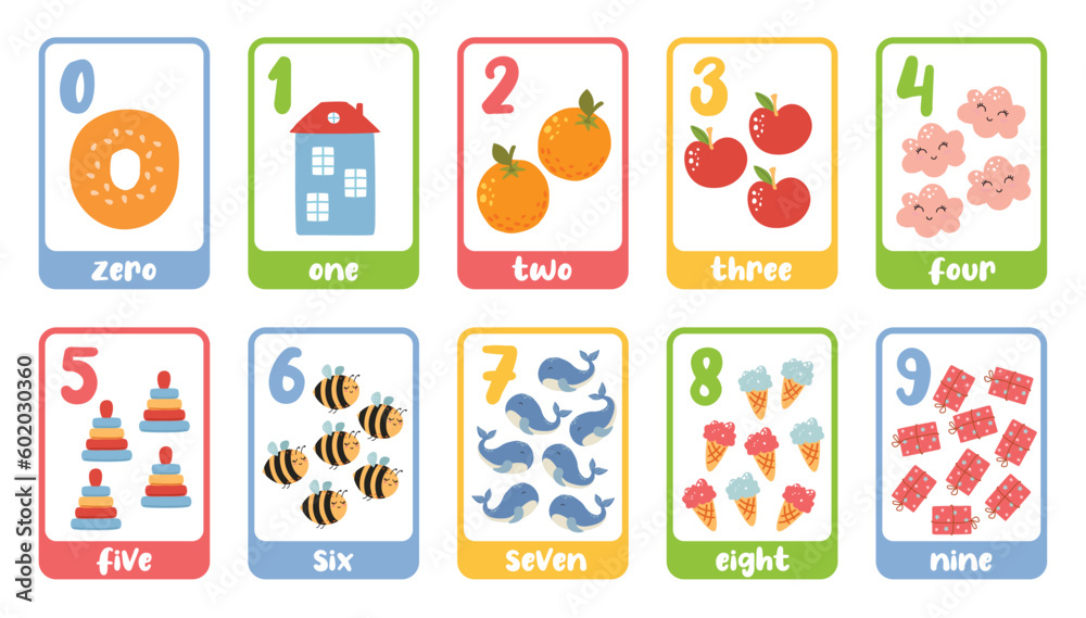 Vintage cartoon numbers cards. Educational children poster for teaching ...