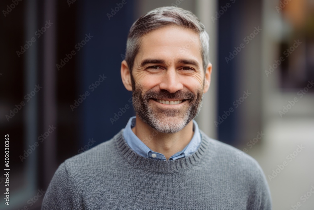 Pet portrait photography of a pleased man in his 30s wearing a cozy ...