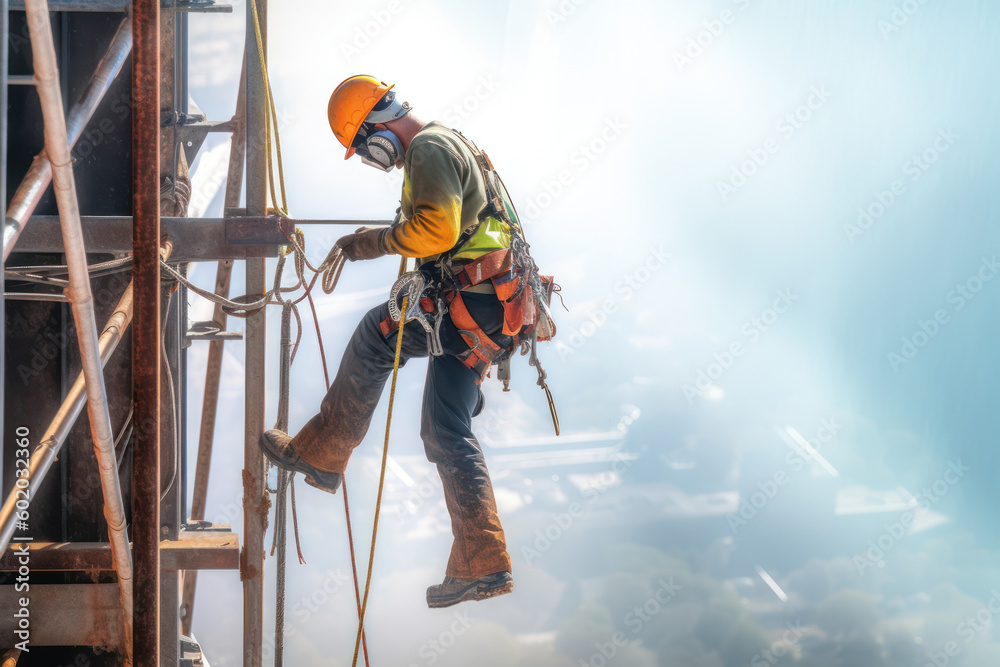 Construction worker climber on a site wearing construction safety ...