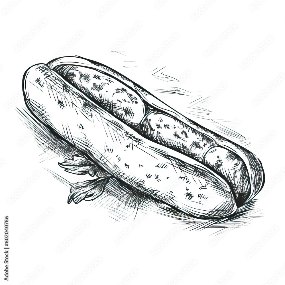 A hand-drawn black and white sketch of a bratwurst sausage, generated ...