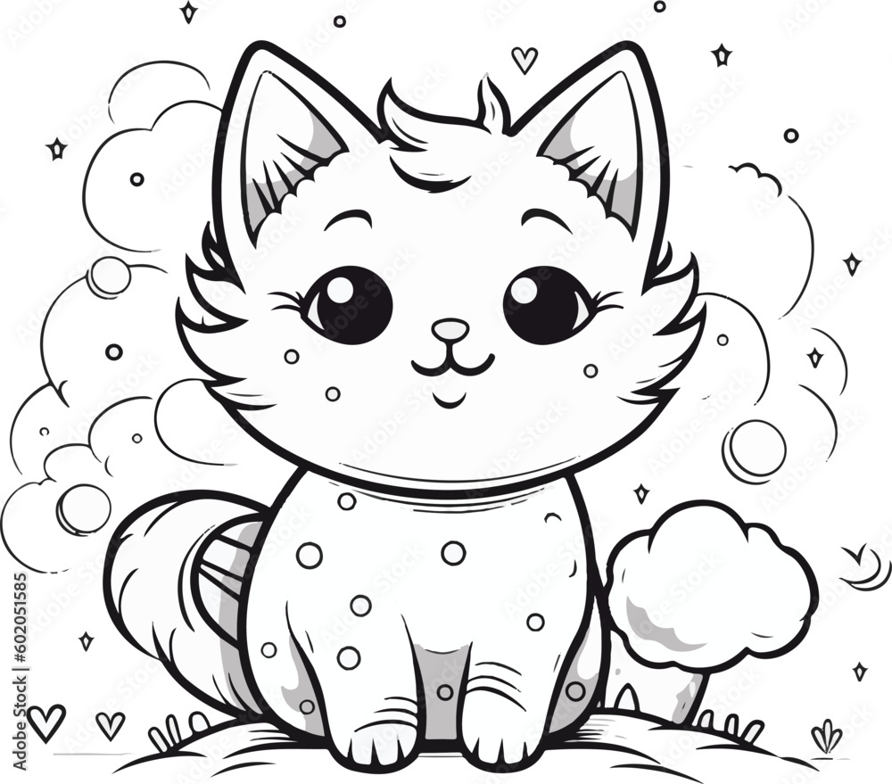 A cute kawaii cat coloring page Line art cat coloring sheet vector ...