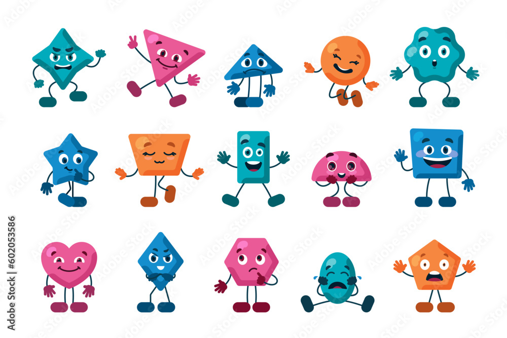 shapes with eyes. geometric figures cartoon characters in different ...