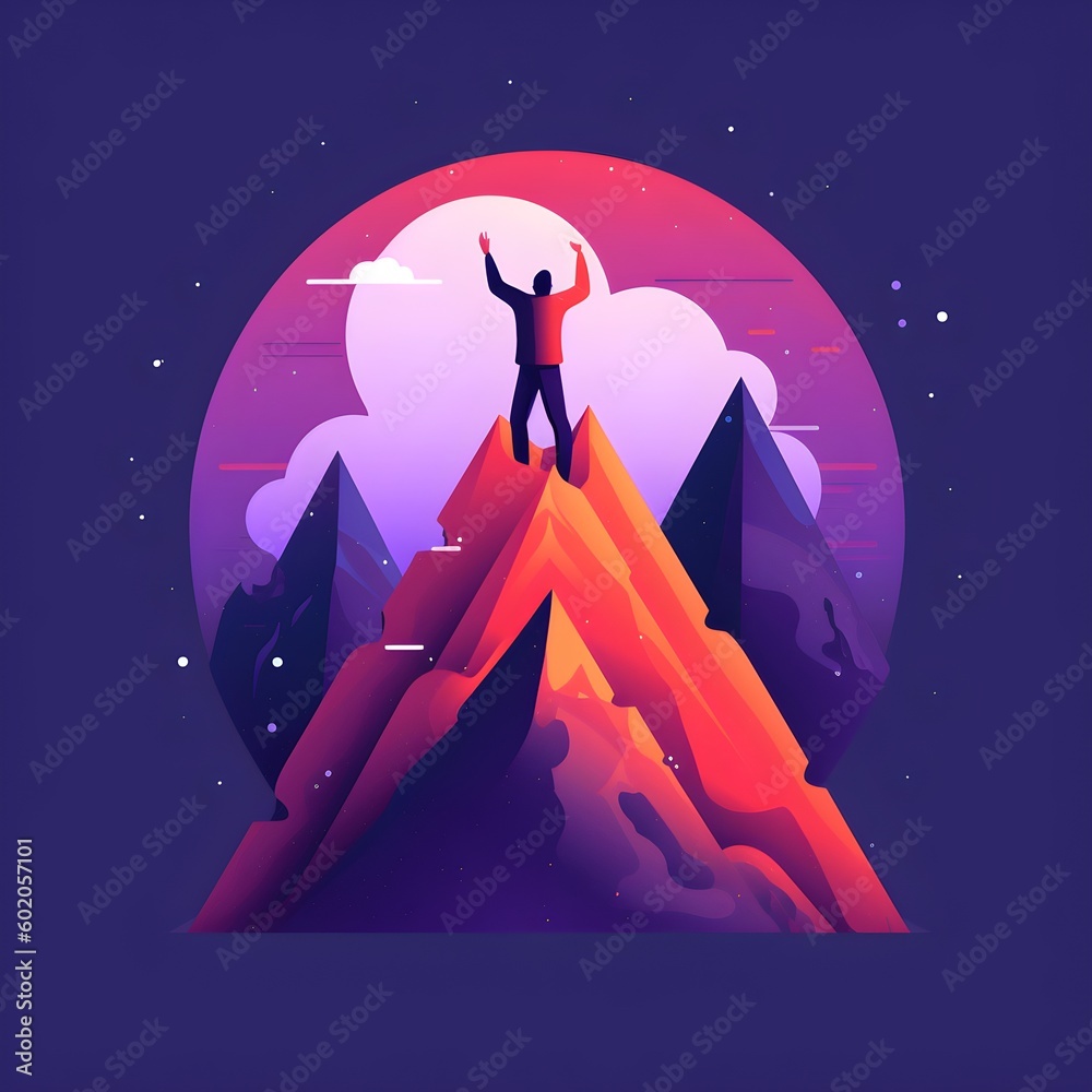 Achieving your dreams concept, mountain climber celebrating success on ...