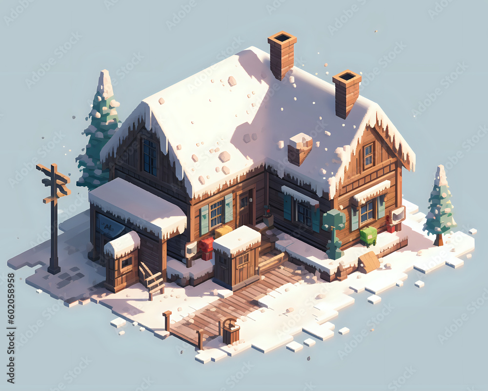 isometric house, log cabin in winter, signpost and wooden path for game ...