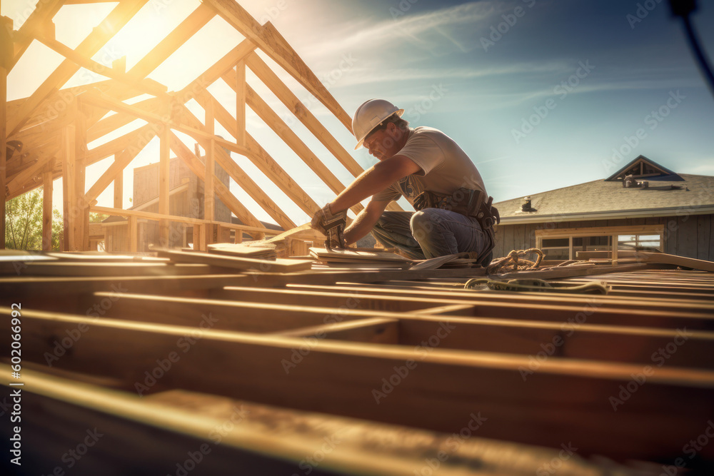 Roofer carpenter with safety hardhat working on roof structure ...