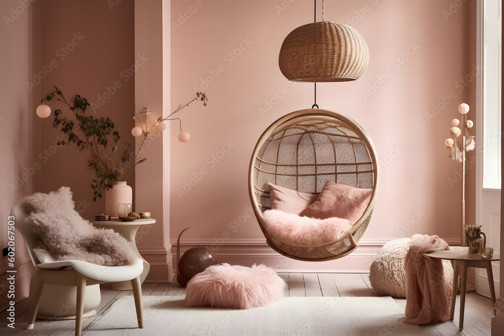 Beautiful calm pink room set with pink tones, hanging cane chair with ...