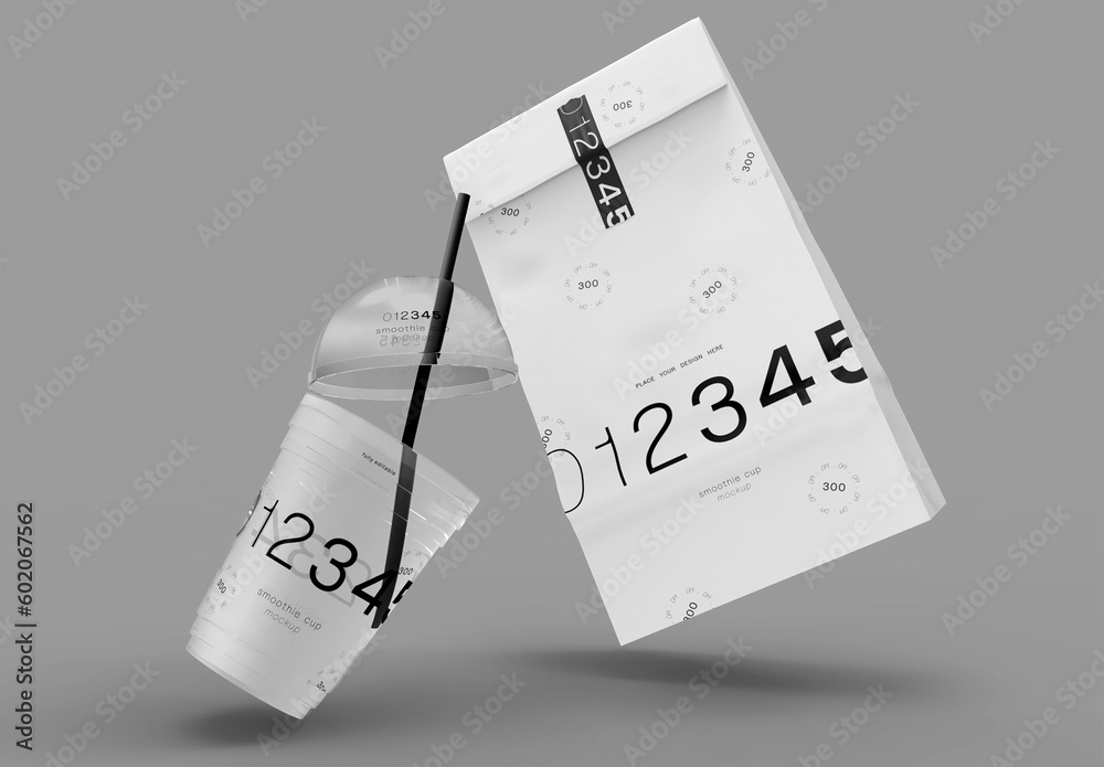 3d Smoothie Cup with Straw and Paper Bag Mockup Stock Template | Adobe ...