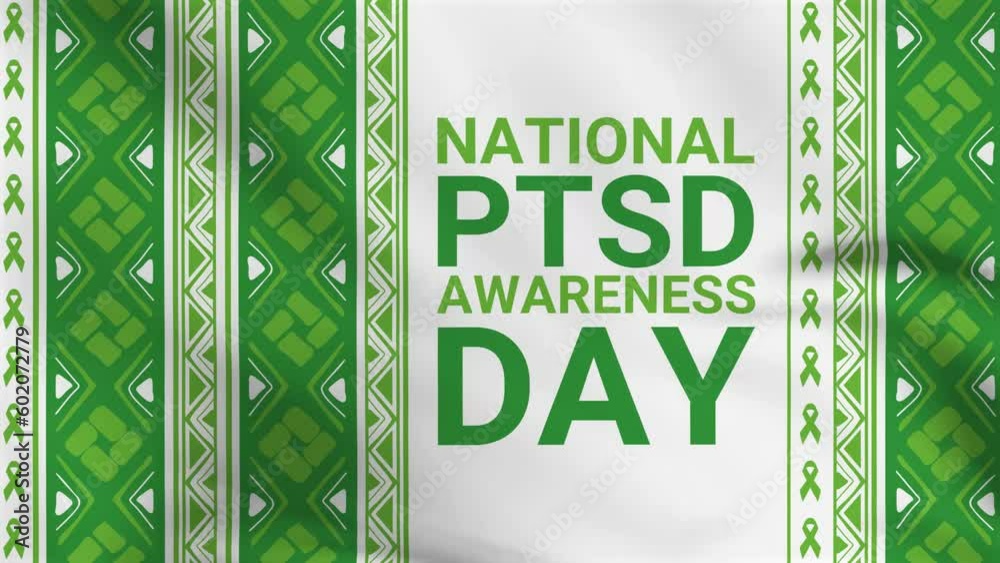National PTSD Awareness Day waving style animation with green borders ...