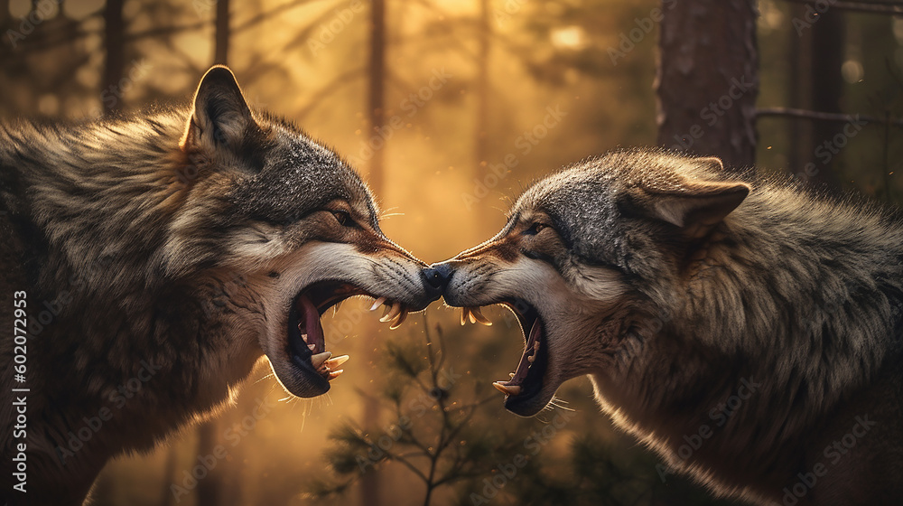ภาพประกอบสต็อก Generative AI image of two alpha male wolves in a fight ...