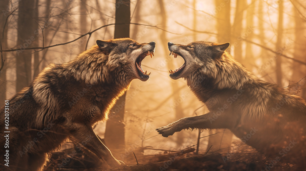 Generative AI image of two alpha male wolves in a fight with each other ...
