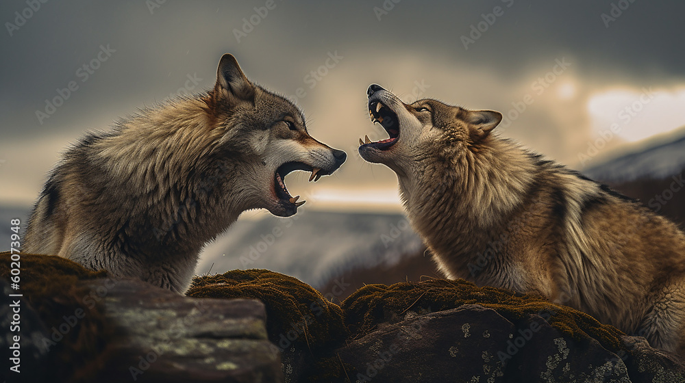 Generative AI image of two alpha male wolves in a fight with each other ...