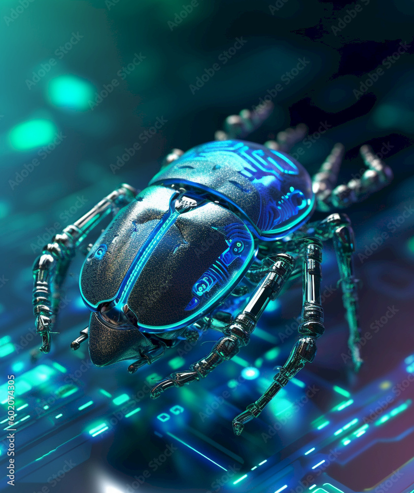 A tiny, shiny silver nanobot in the shape of a beetle. It has neon blue circuitry patterns ...