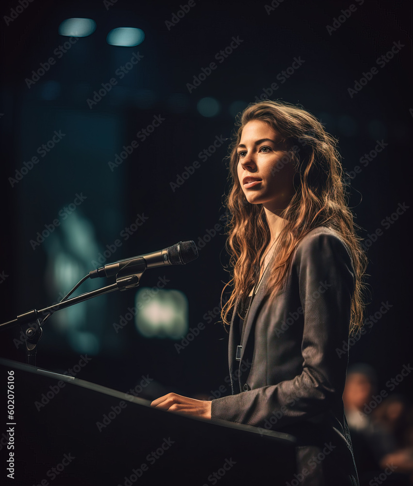 The successful female leader takes the stage as a keynote speaker at a ...