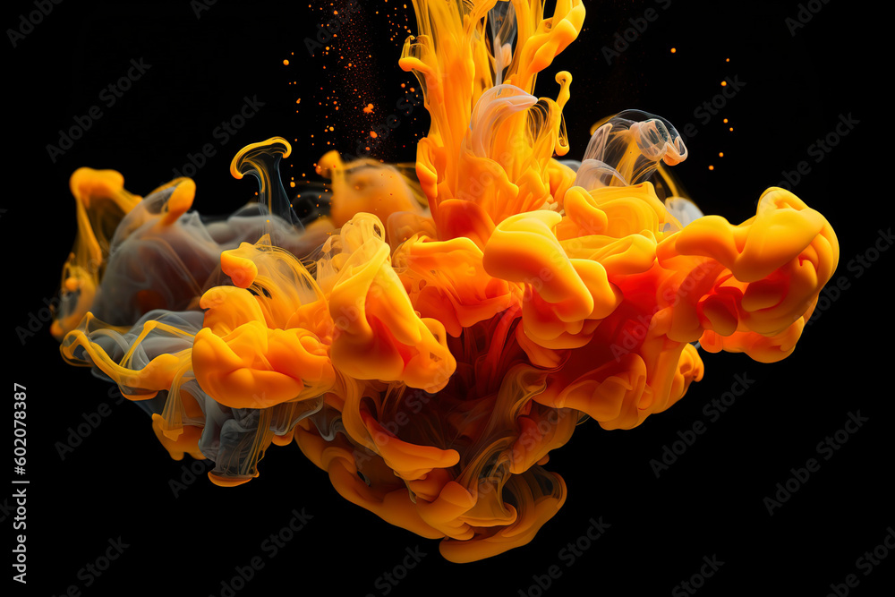 Ink drop, presenting a fluid explosion in the midst of motion. The ...