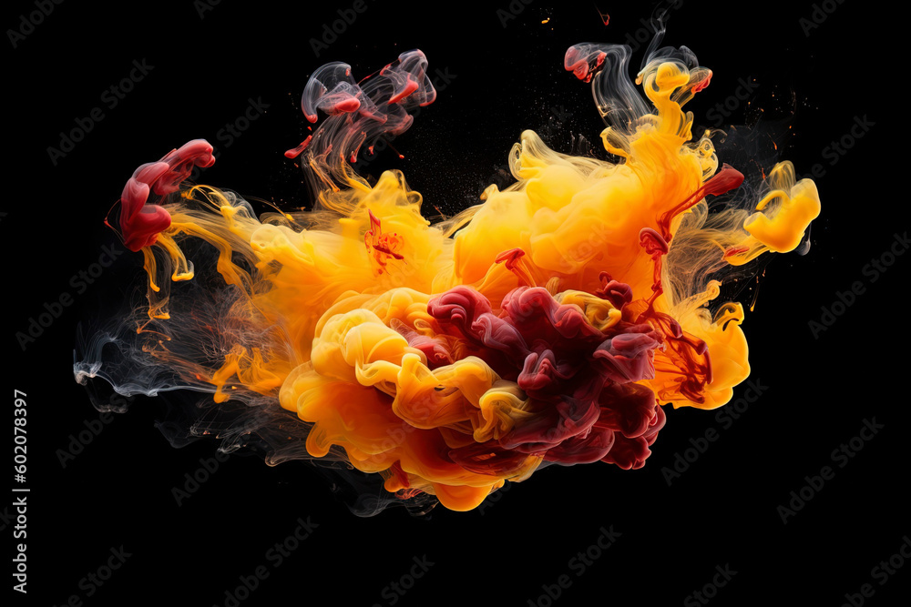 Ink drop, presenting a fluid explosion in the midst of motion. The ...