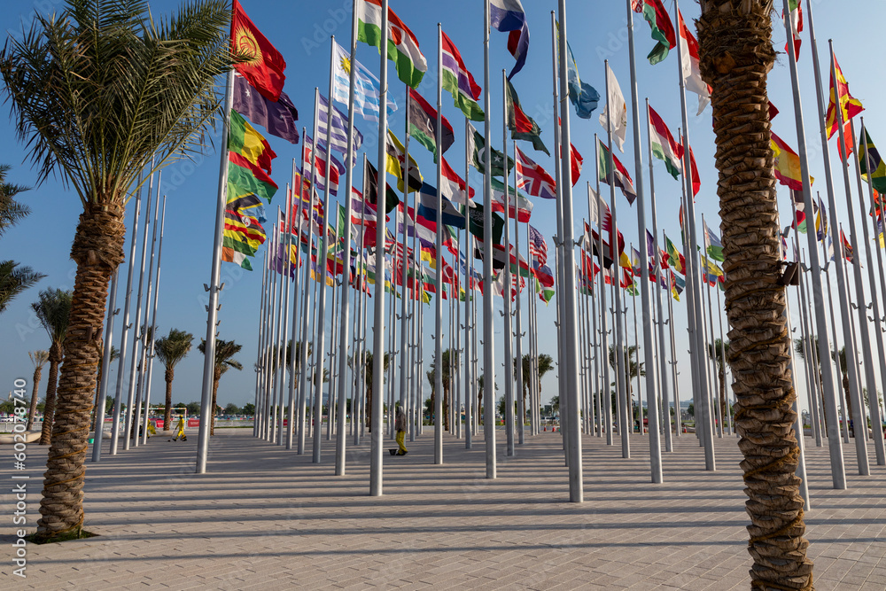 Doha, Qatar - December 12 2022: Flags of countries in the old port of ...